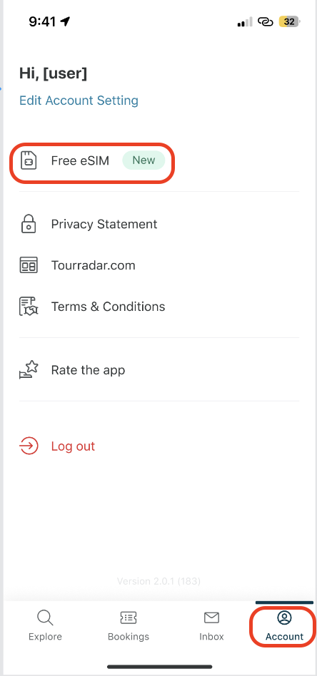 How do I redeem and use my free eSIM in the TourRadar app?